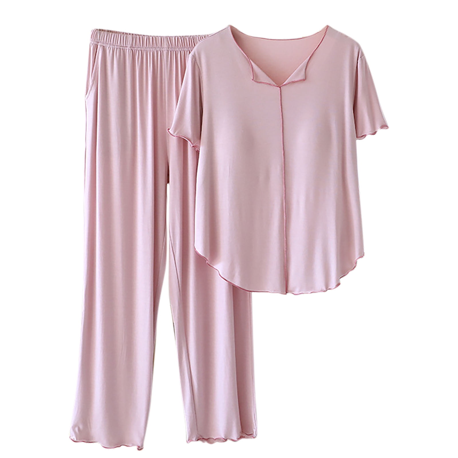HWRETIE Loungewear Set,Women Pajama Set Solid Color Short Sleeve Shirt ...
