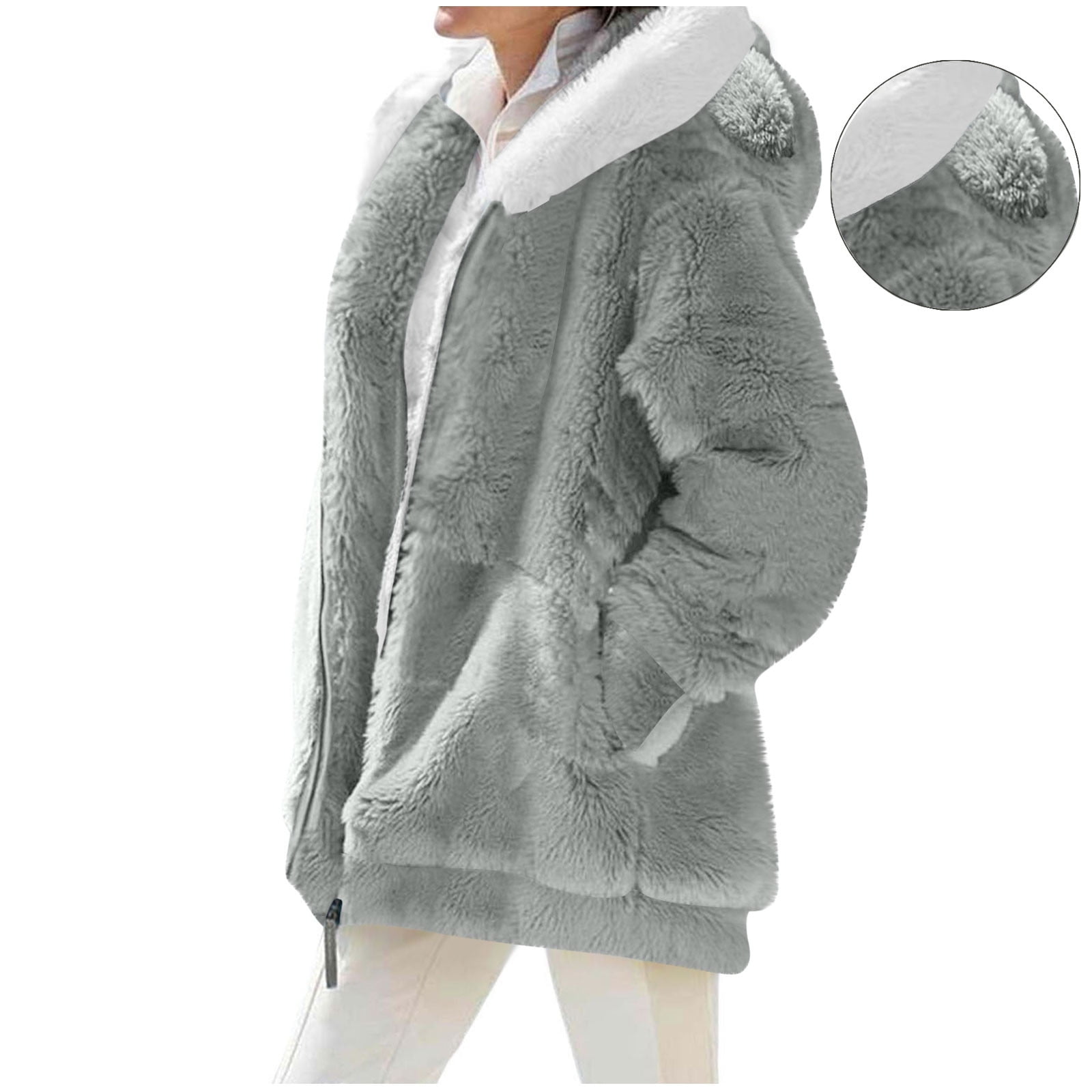 HWRETIE Women's Casual Jacket Fashion Plush Hoodie Solid Color Long ...