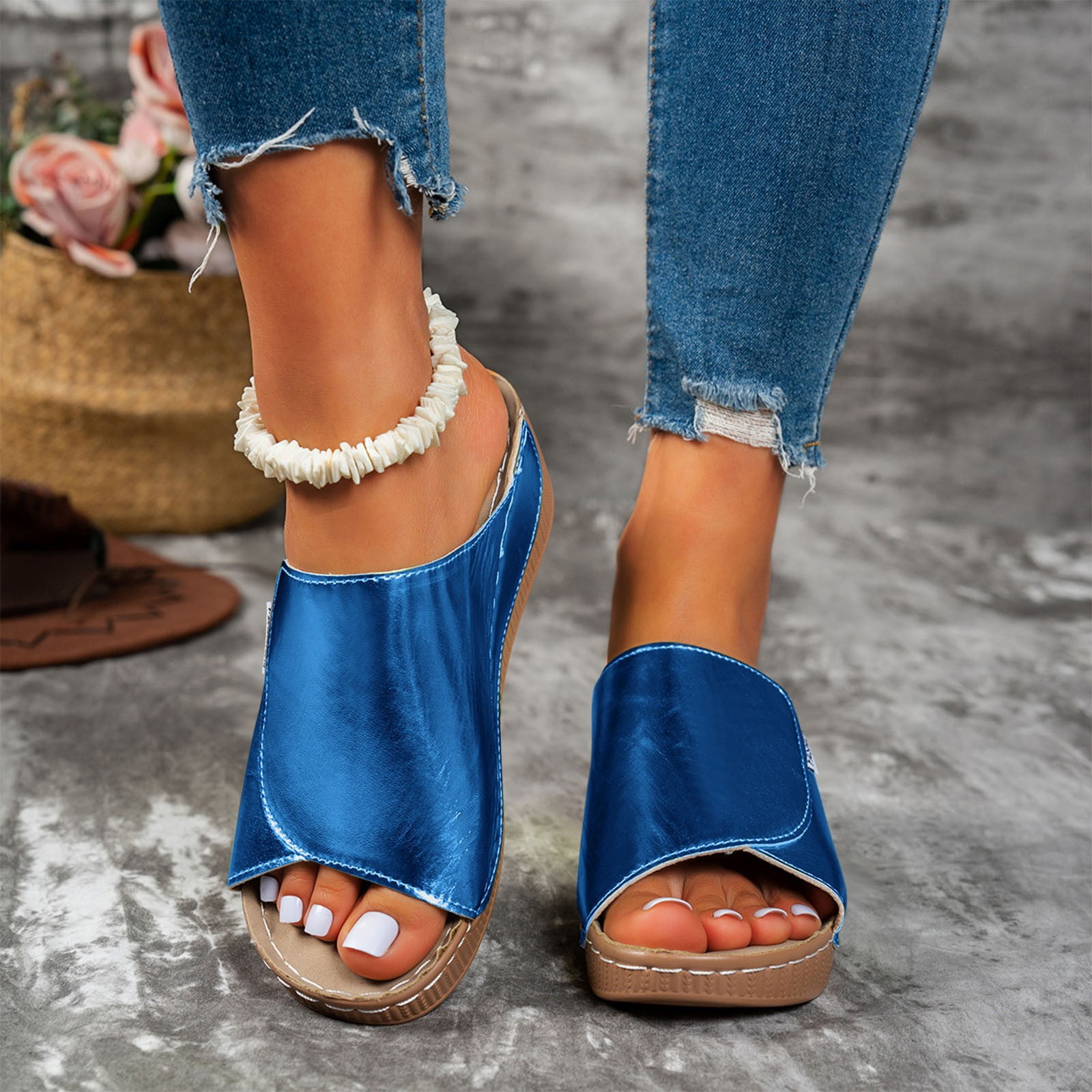 HWRETIE Women's Wedge Heel Fish Mouth Slippers Summer Casual Sandals ...