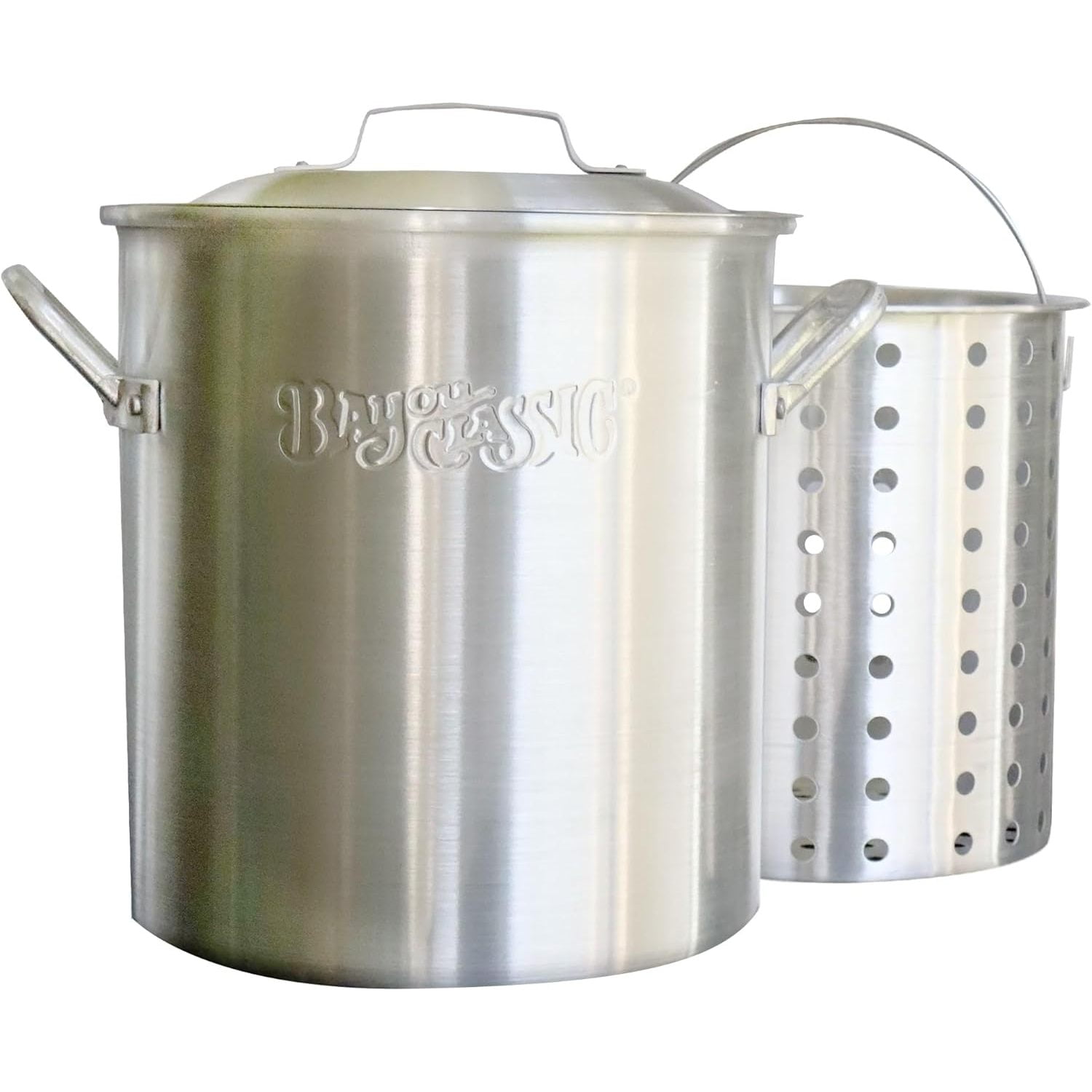 HXSP 4325 25-qt Aluminum Shrimp Pot Features Perforated Aluminum Basket ...