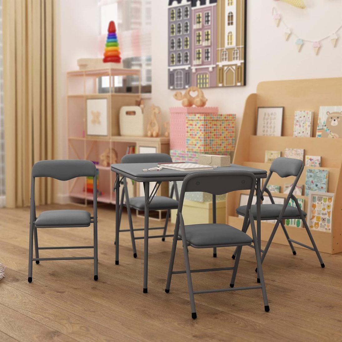 HXSP 5 Piece Kid's Folding Table and Chairs Set - Gray Design ...