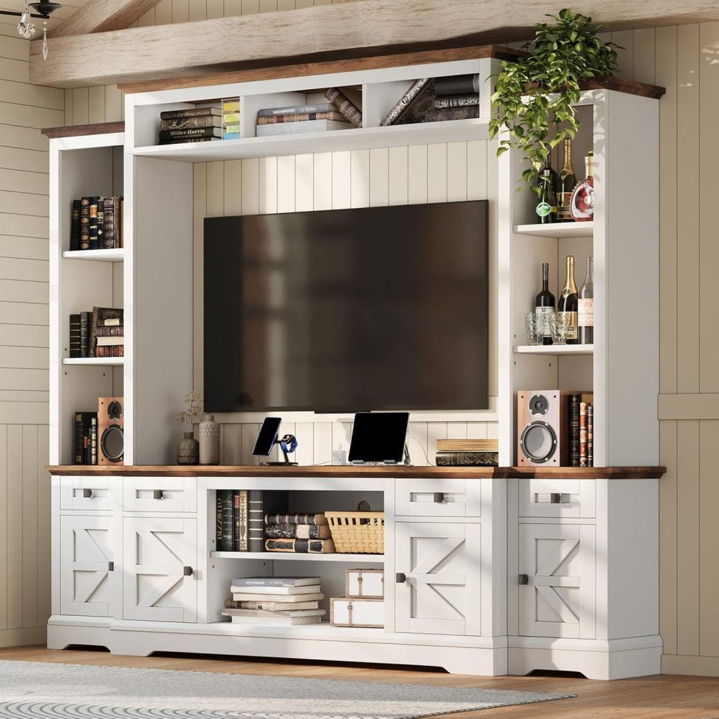 HXSP 98" Farmhouse Entertainment Center Wall Unit with Bookshelves ...
