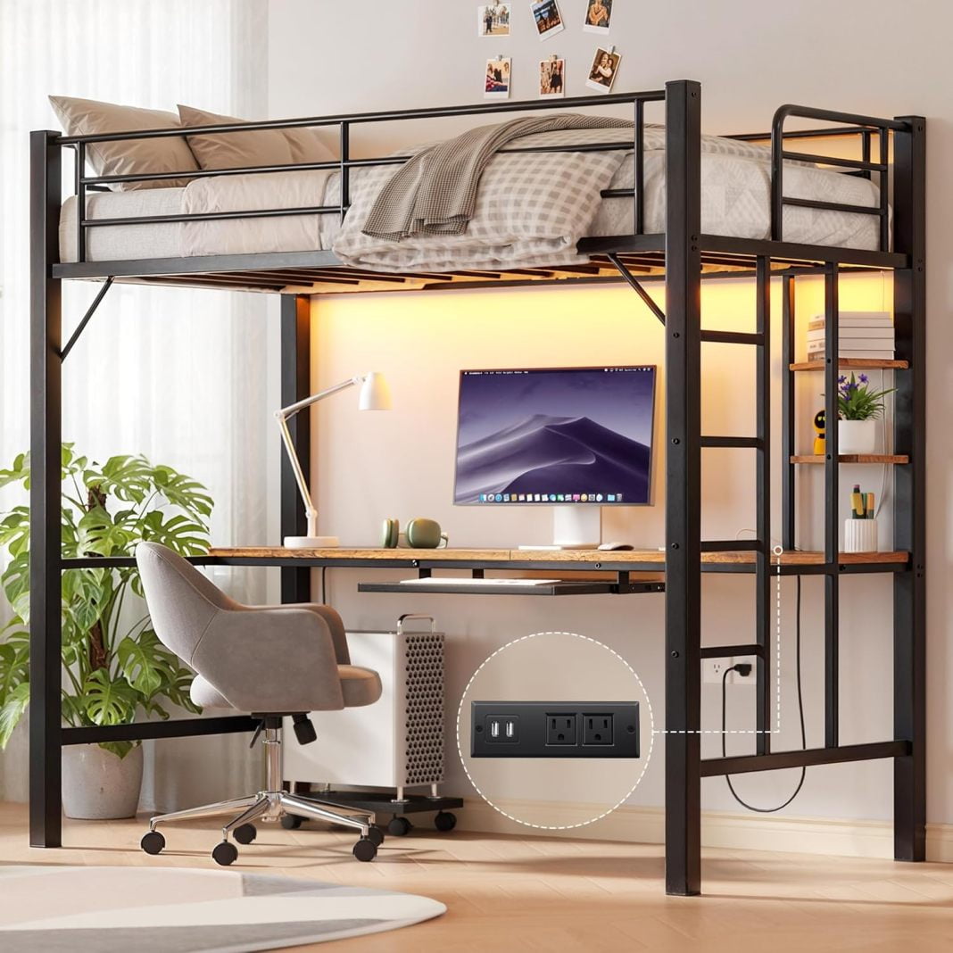 HXSP Loft Bed Twin Size, Twin Loft Bed with Desk and LED Lights ...