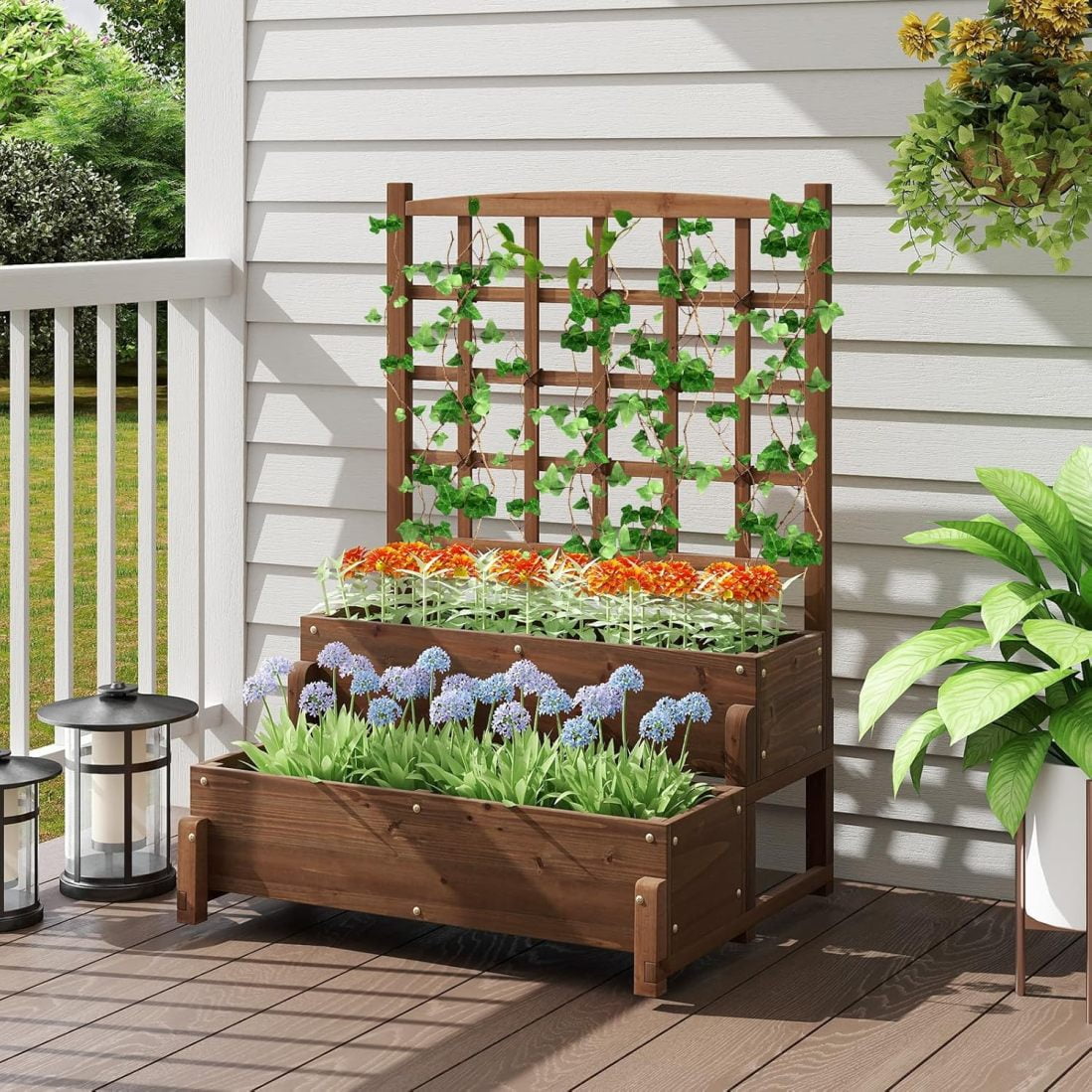 HXSP Raised Garden Bed with Trellis, Drainage Holes, 2-Tier Wooden ...