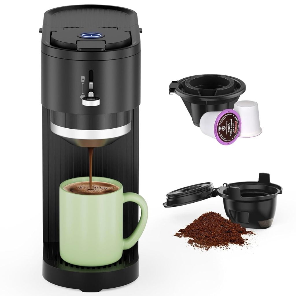 HXSP Single Serve Coffee Maker, Two Holders for Capsule & Ground ...