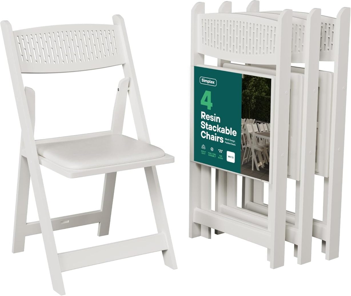 HXSP White Stackable Folding Chairs, with Padded Seat & Mesh Back ...