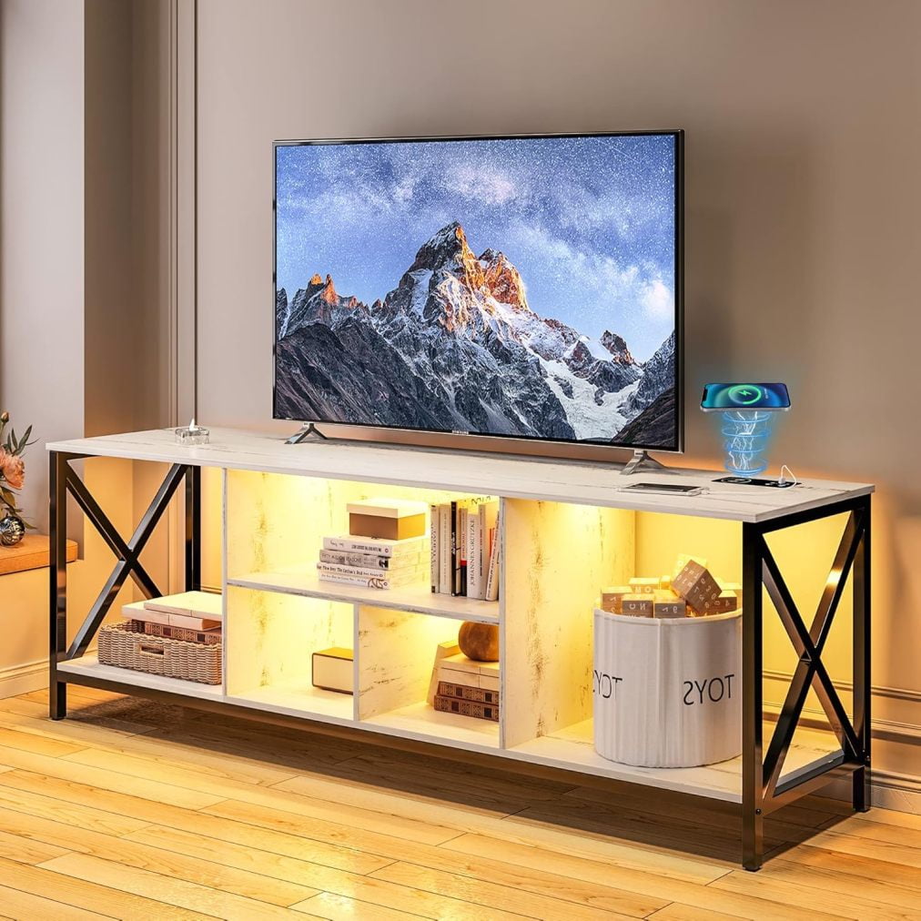 HXTZ 75 Inch TV Stand with LED Lights, Industrial Entertainment Center TV Console Table with ...
