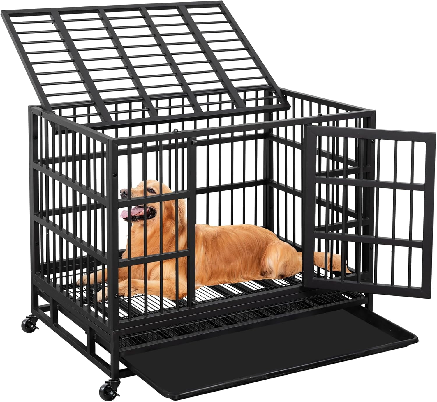 HXULER 38 Inch Heavy Duty Indestructible Dog Crate, Escape Proof Dog ...