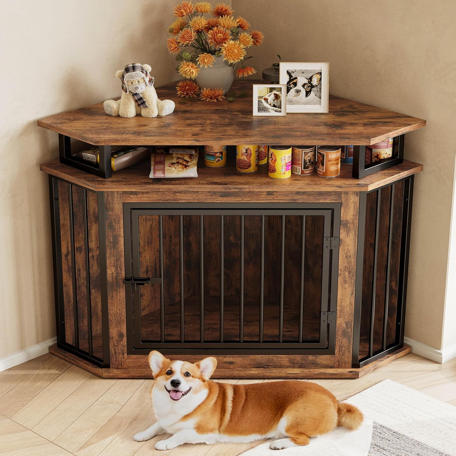 HXULER 44" Corner Dog Crate with 2-Tier Shelves, Wooden Dog Kennel ...