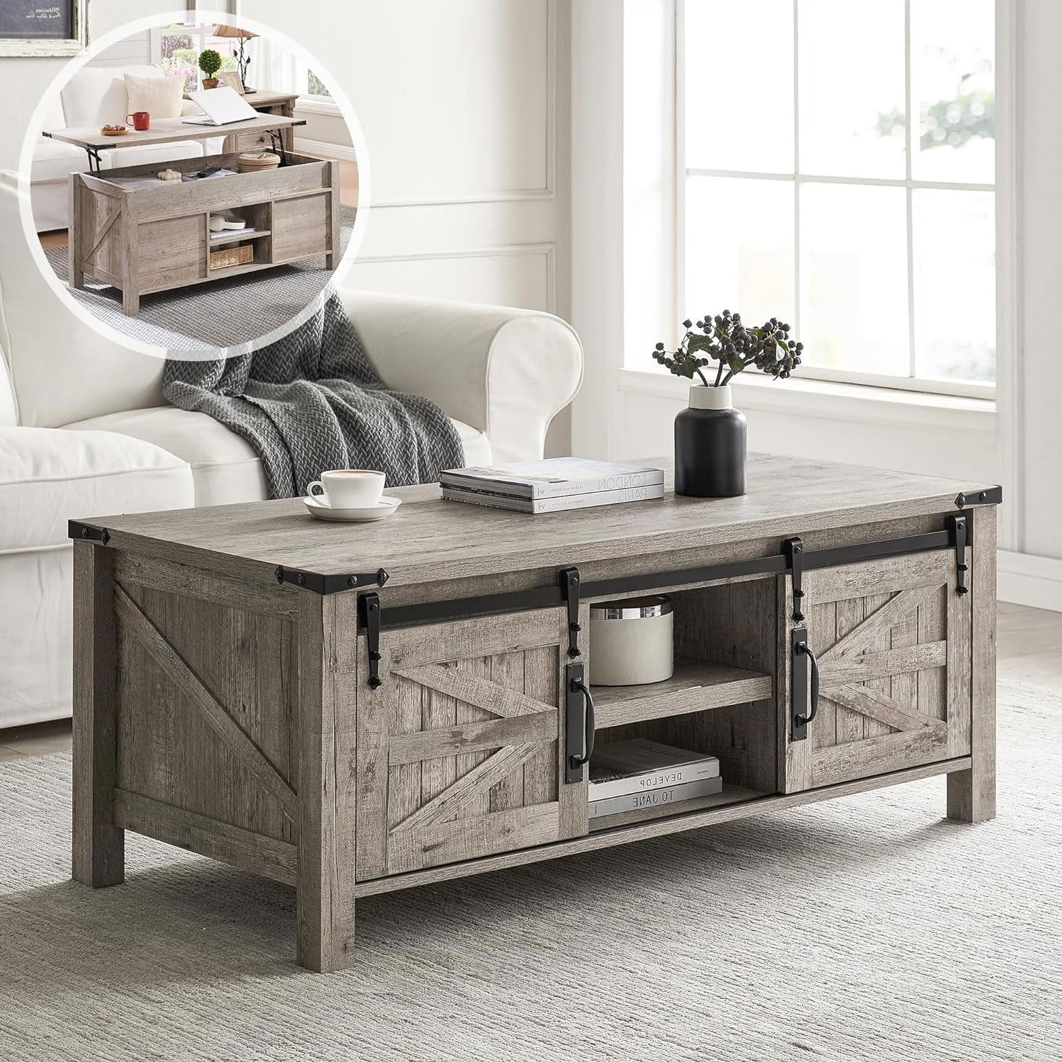HXULER 48" Farmhouse Lift Top Coffee Table with Sliding Barn Door ...
