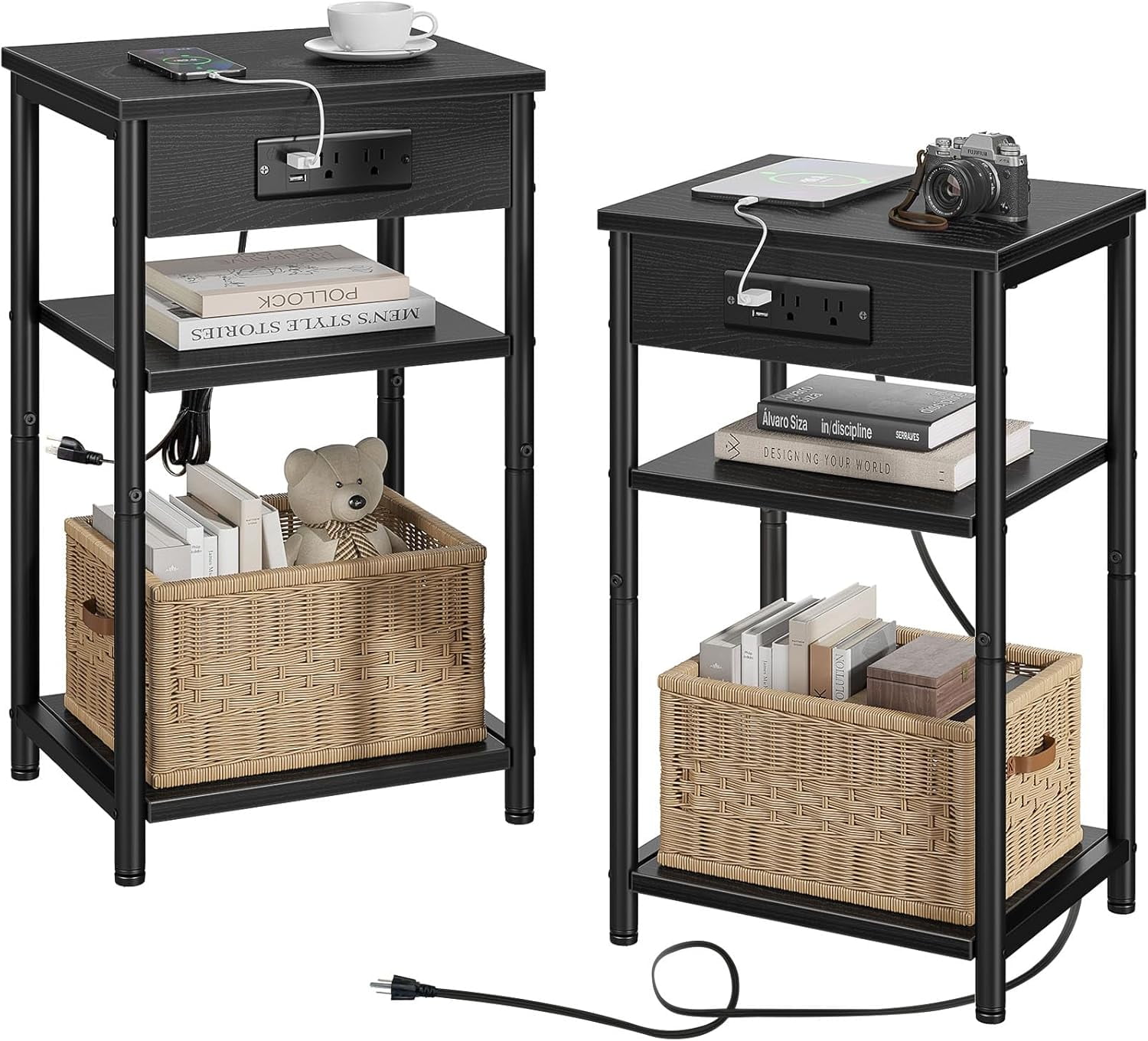 HXULER End Table with Charging Station, Night Stand with 3 Storage ...