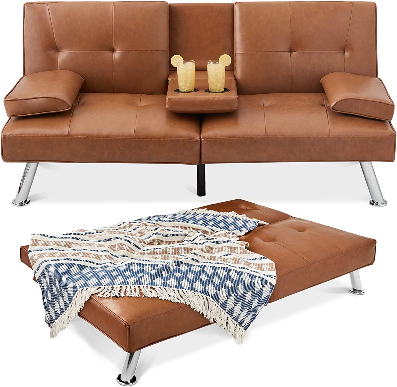 HXULER Faux Leather Upholstered Modern Convertible Futon, Adjustable ...