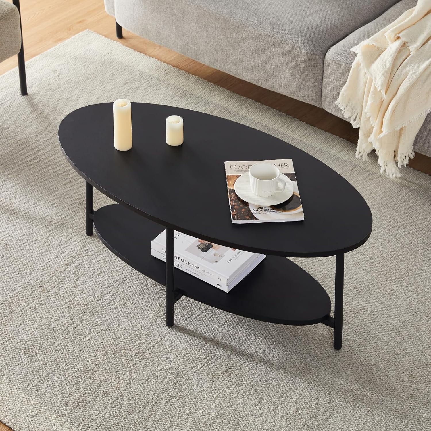 HXULER Oval Coffee Table with Storage Shelf, 2 Tier Tea Table ...