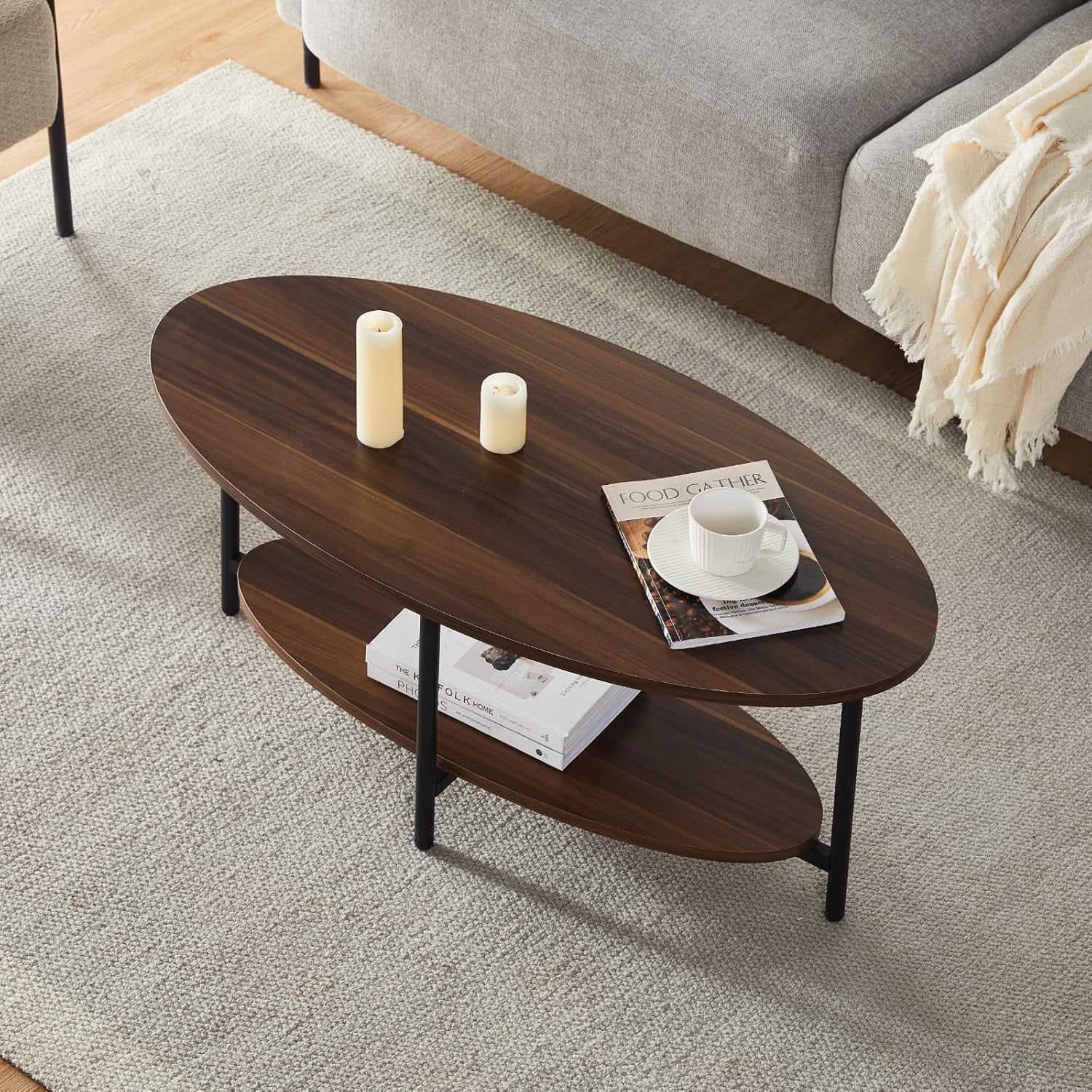 HXULER Oval Coffee Table with Storage Shelf, 2 Tier Tea Table ...