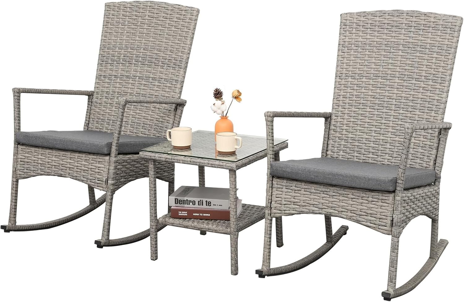 HXULER Rocking Chair Outdoor 3 Pieces High-Backed Patio Rocking Chairs ...