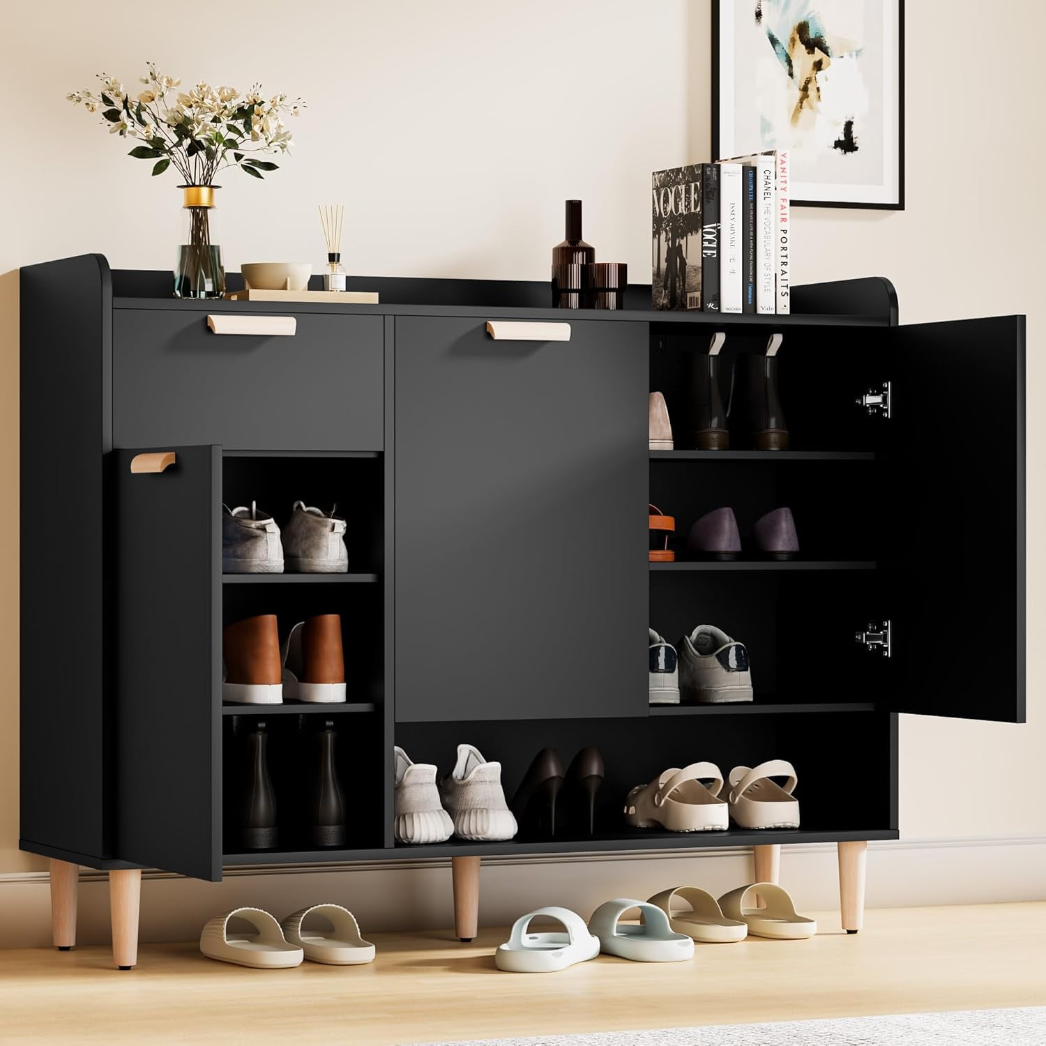 HXULER Shoe Cabinet with Doors & Drawer, 4-Tier Shoe Organizer Cabinet ...