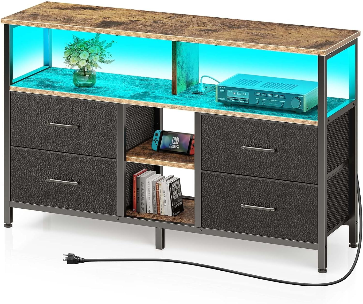 HXULER TV Stand with Power Outlets and LED Light, 4 Fabric Drawers ...