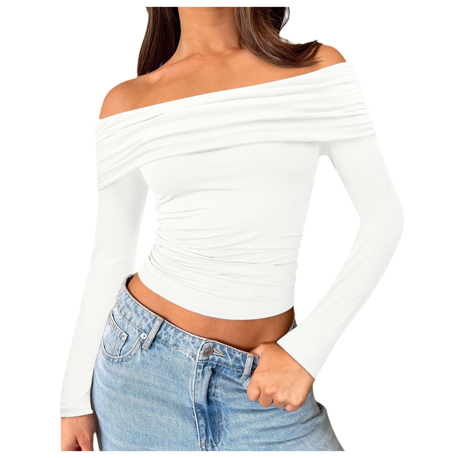 HXWCHs 2024 Fashion Women's Long Sleeve off Shoulder Crop top Slim ...
