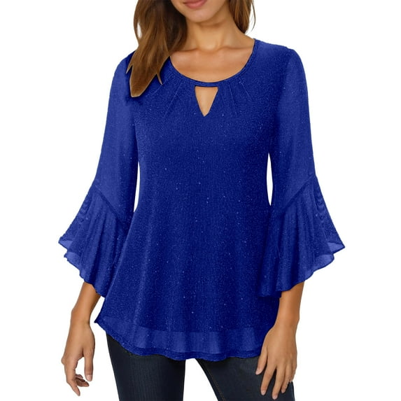 HXWCHs Elegant Sparkling Gold Double Layer Mesh Blouse with Ruffle Hem ...