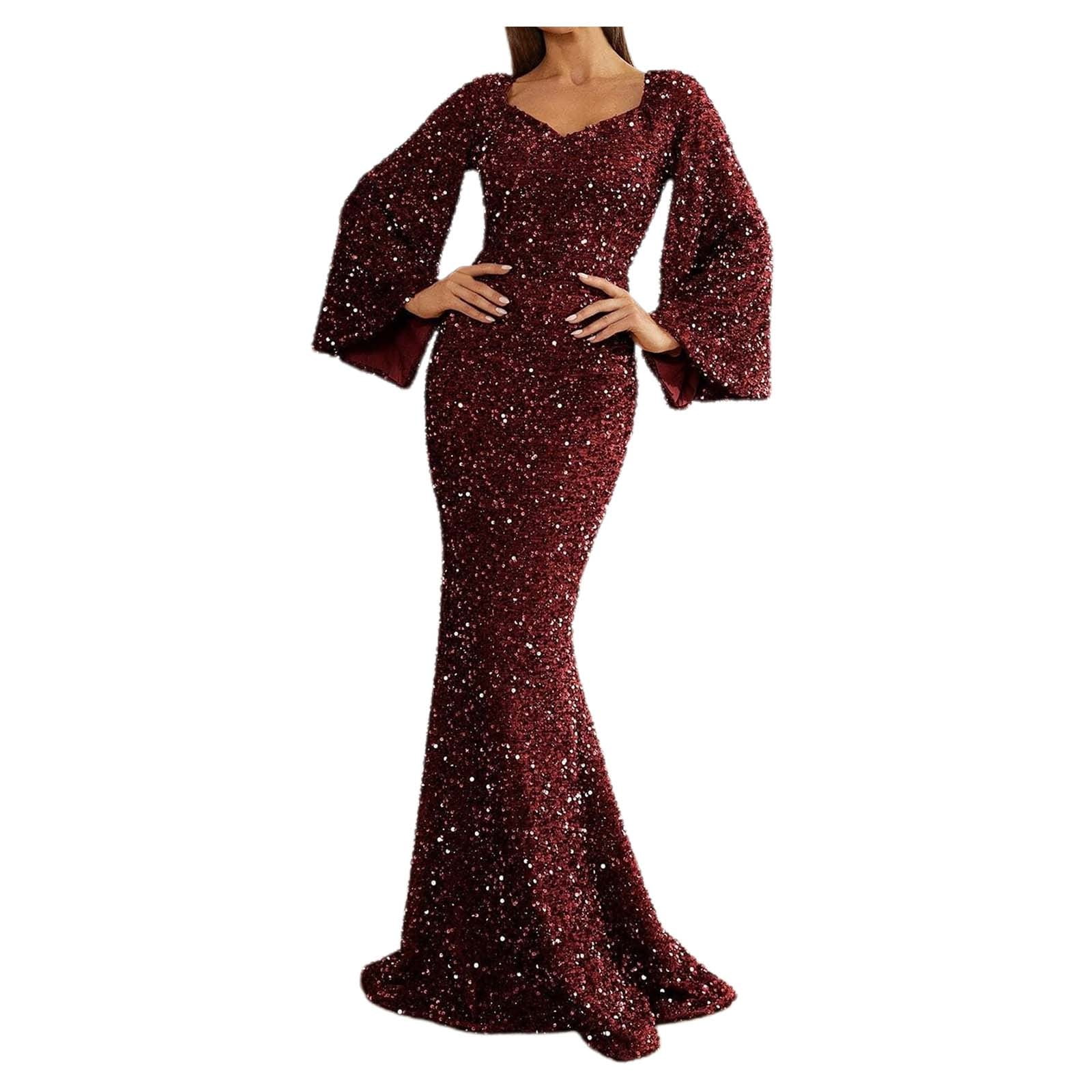 HXWCHs Elegant V Neck Sequin Evening Gown with Flared Sleeves and Mid ...