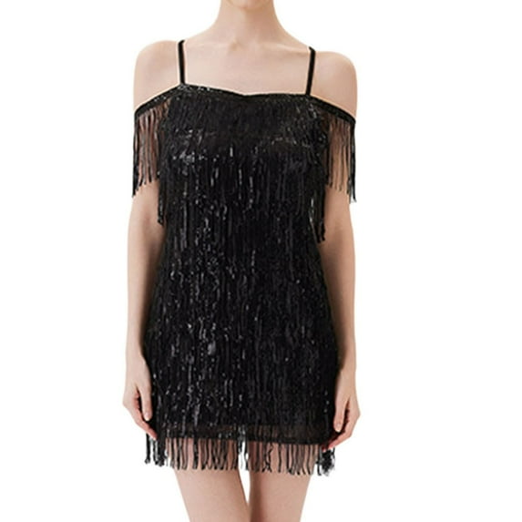 HXWCHs Fringe Sleeveless Dress for Elegant Party Gown with Sequin ...