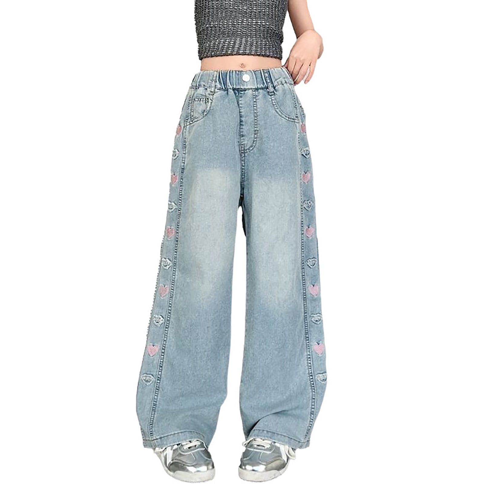 HXWCHs Girls Casual Denim Pants with Heart Design Straight Leg Long ...