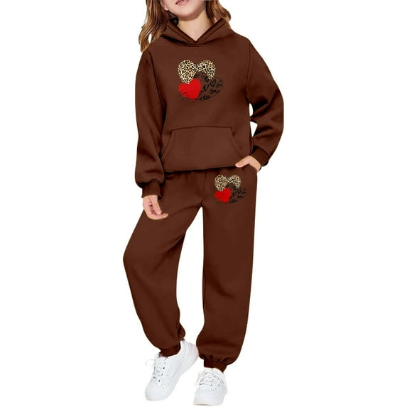 HXWCHs Girls Jogger Set Hooded Tracksuit with Leopard Print and Heart ...