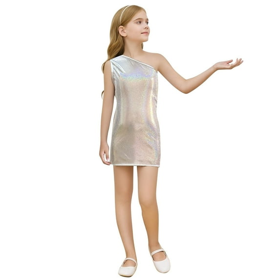 HXWCHs Girls Sparkly Sequin Print Dress Asymmetric Hem Round Neck ...