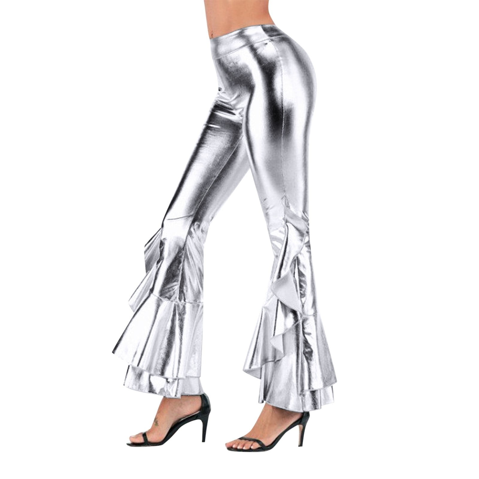 HXWCHs High Gloss Leather Elegant Flared Trousers Asymmetric Hem Wide ...