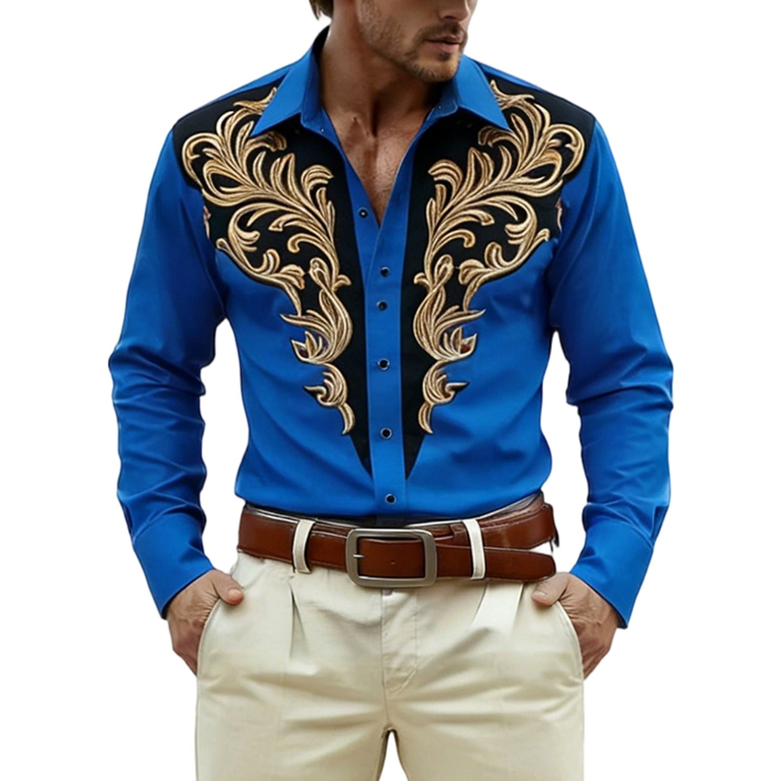 HXWCHs Men's Festive Western Cowboy Print Long Sleeve Button Up Casual ...