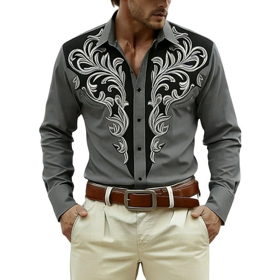 HXWCHs Men's Festive Western Cowboy Print Long Sleeve Button Up Casual ...