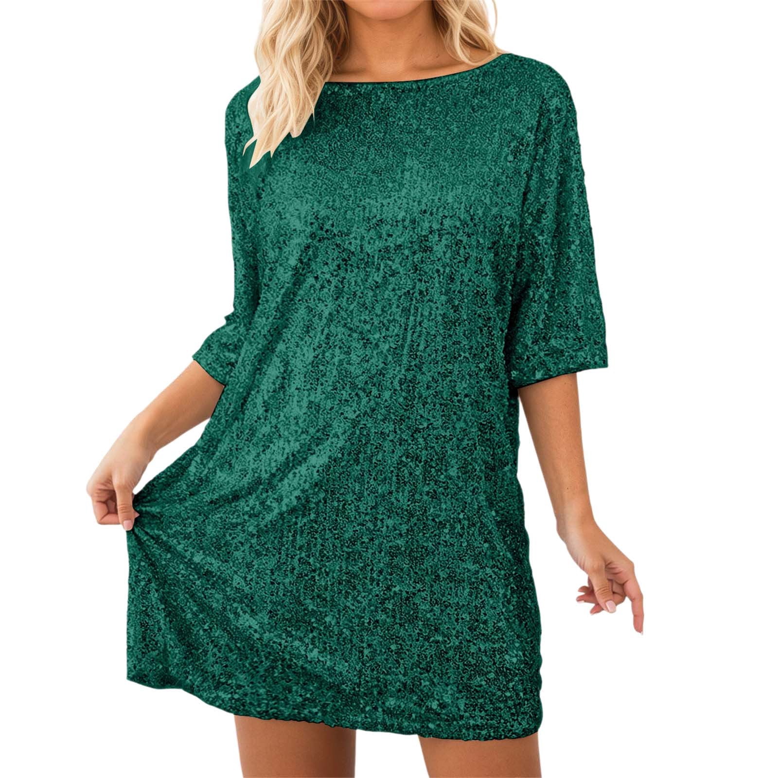 HXWCHs Sparkly Sequin Elegant Tunic Top Loose Fit Round Neck Short ...