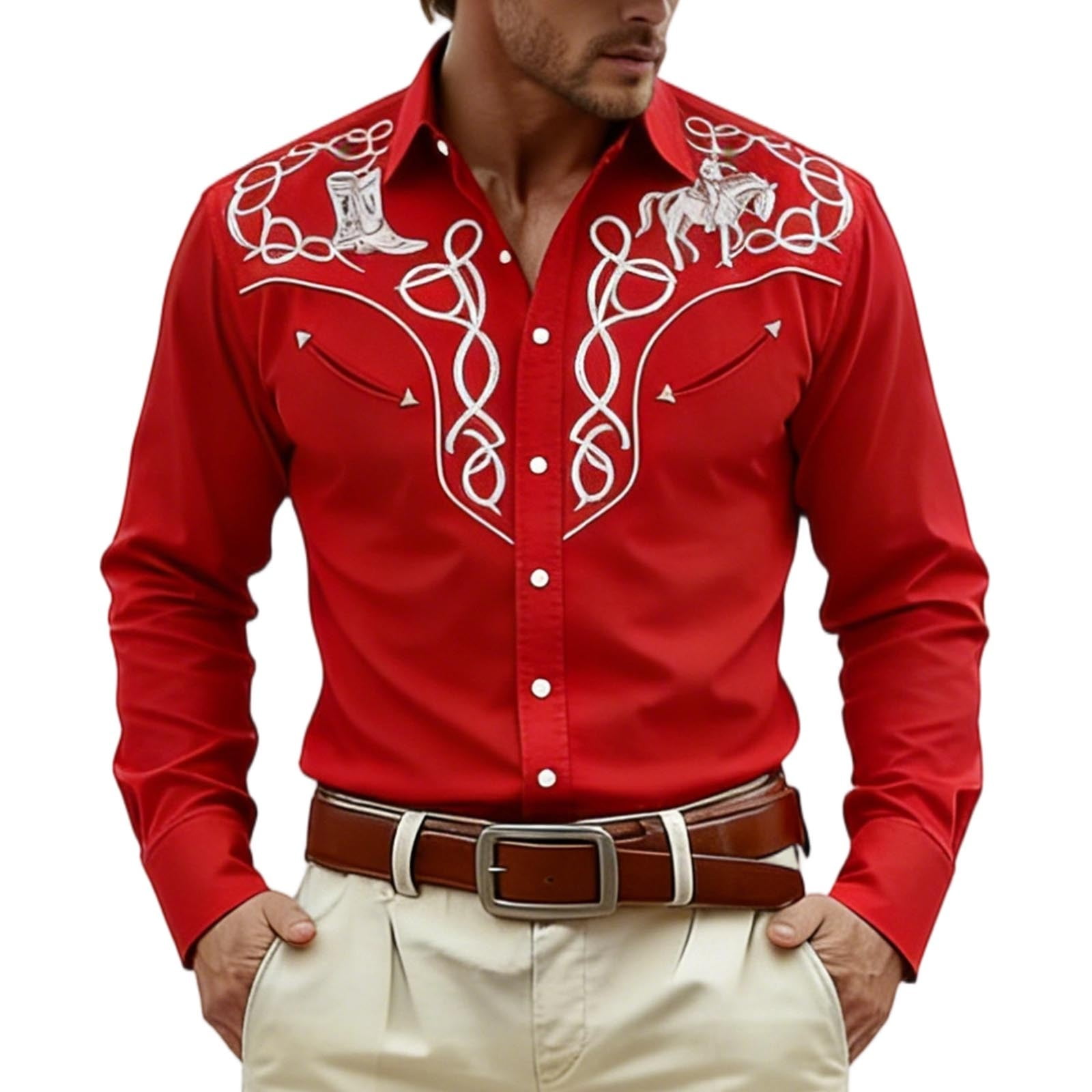 HXWCHs Western Cowboy Themed Printed Long Sleeve Casual Shirt for Men ...