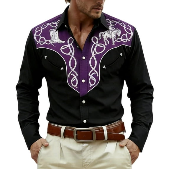 HXWCHs Western Cowboy Themed Printed Long Sleeve Casual Shirt for Men ...