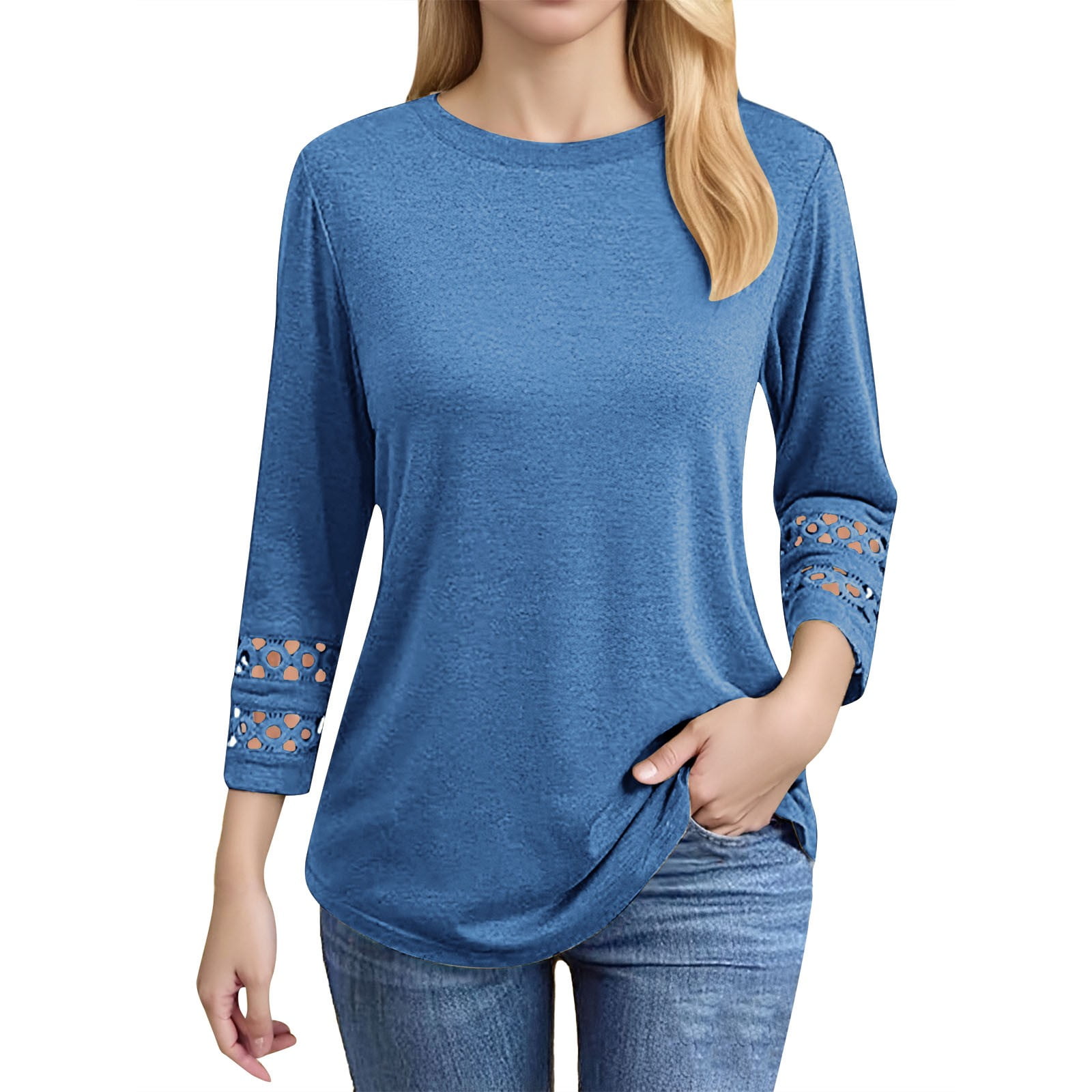 HXWCHs Women Basic Solid T Shirts Women's 3/4 Sleeve Crewneck Lace ...