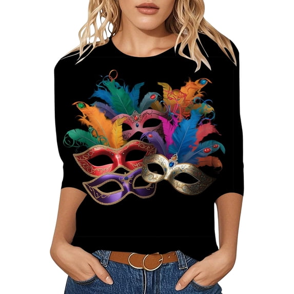 HXWCHs Women's Carnival Printed Crew Neck T-Shirt Three Quarter Sleeve ...