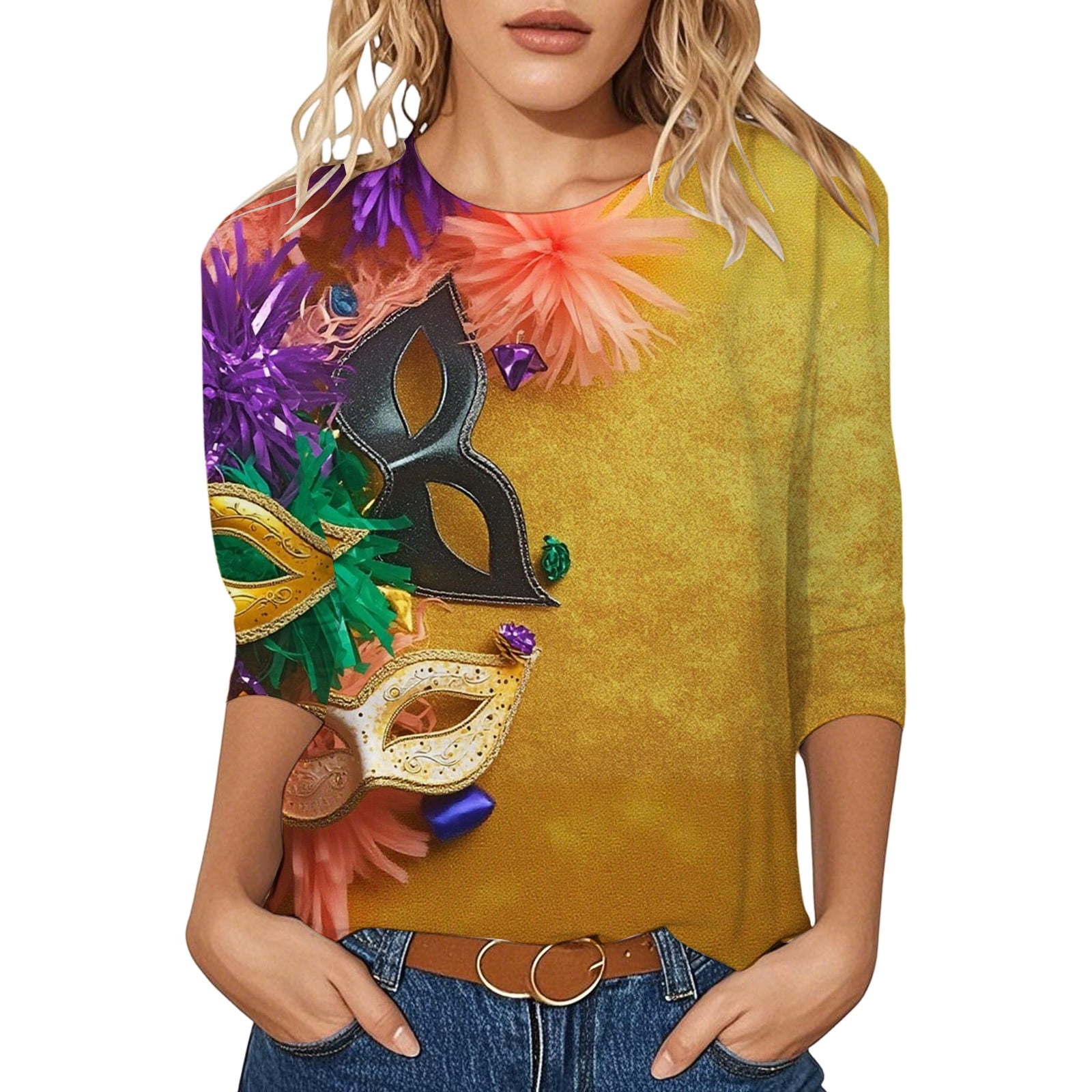 HXWCHs Women's Carnival Printed Crew Neck T-Shirt Three Quarter Sleeve ...