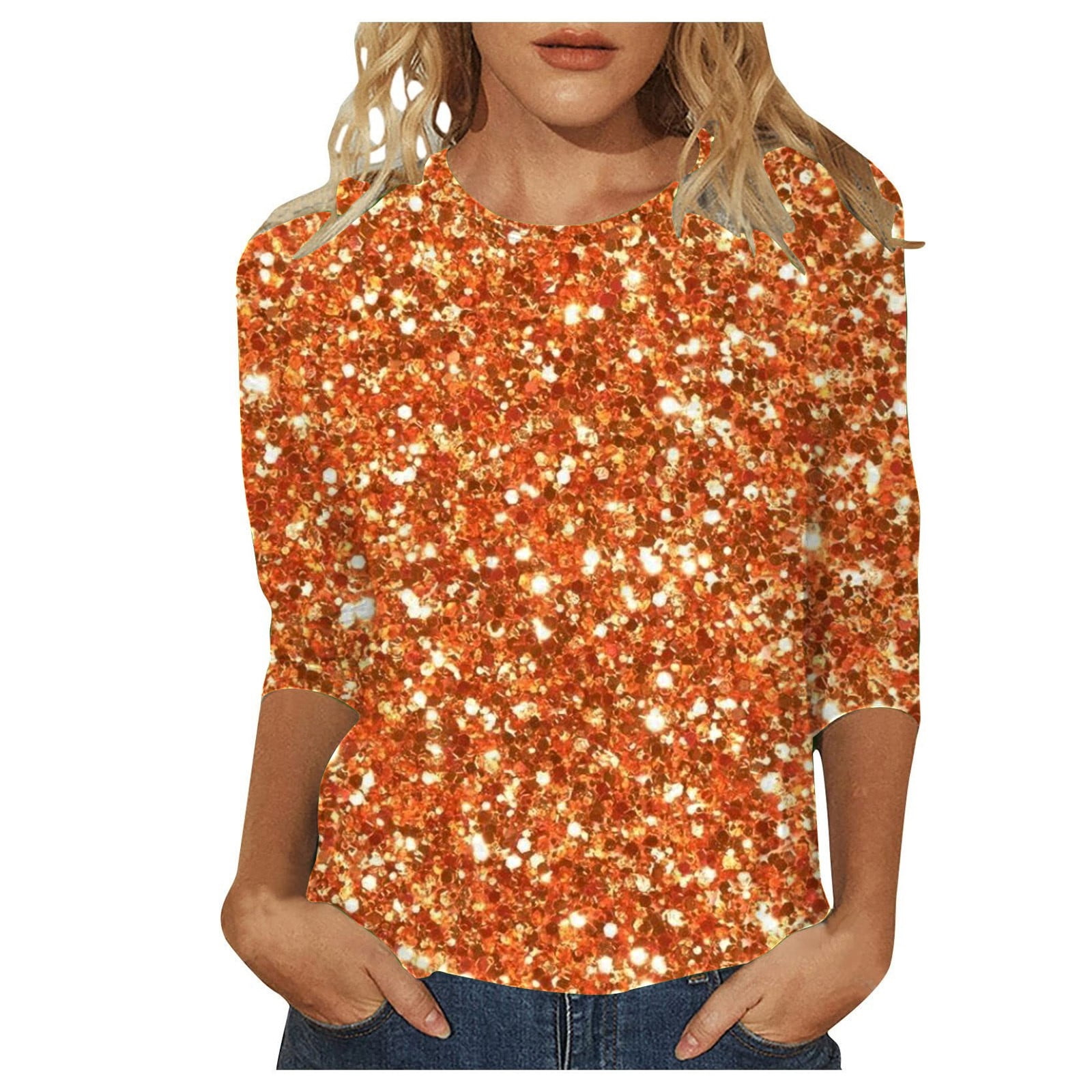 HXWCHs Women's Casual Crew Neck Carnival Sequin Printed Three Quarter ...