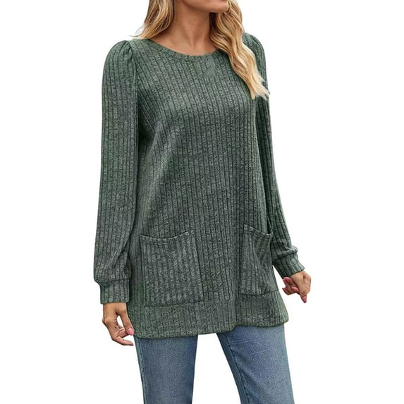 HXWCHs Women's Casual Long Sleeve Round Neck Pocket T-Shirt Solid Color ...