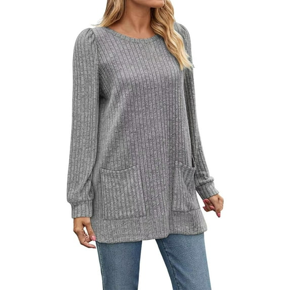 HXWCHs Women's Casual Long Sleeve T-Shirt Solid Round Neck Pocket ...