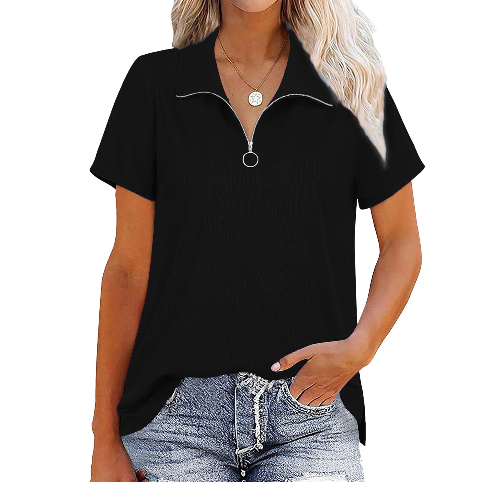 HXWCHs Women's Fashion Casual Short Sleeve Zipper tops and Blouses ...