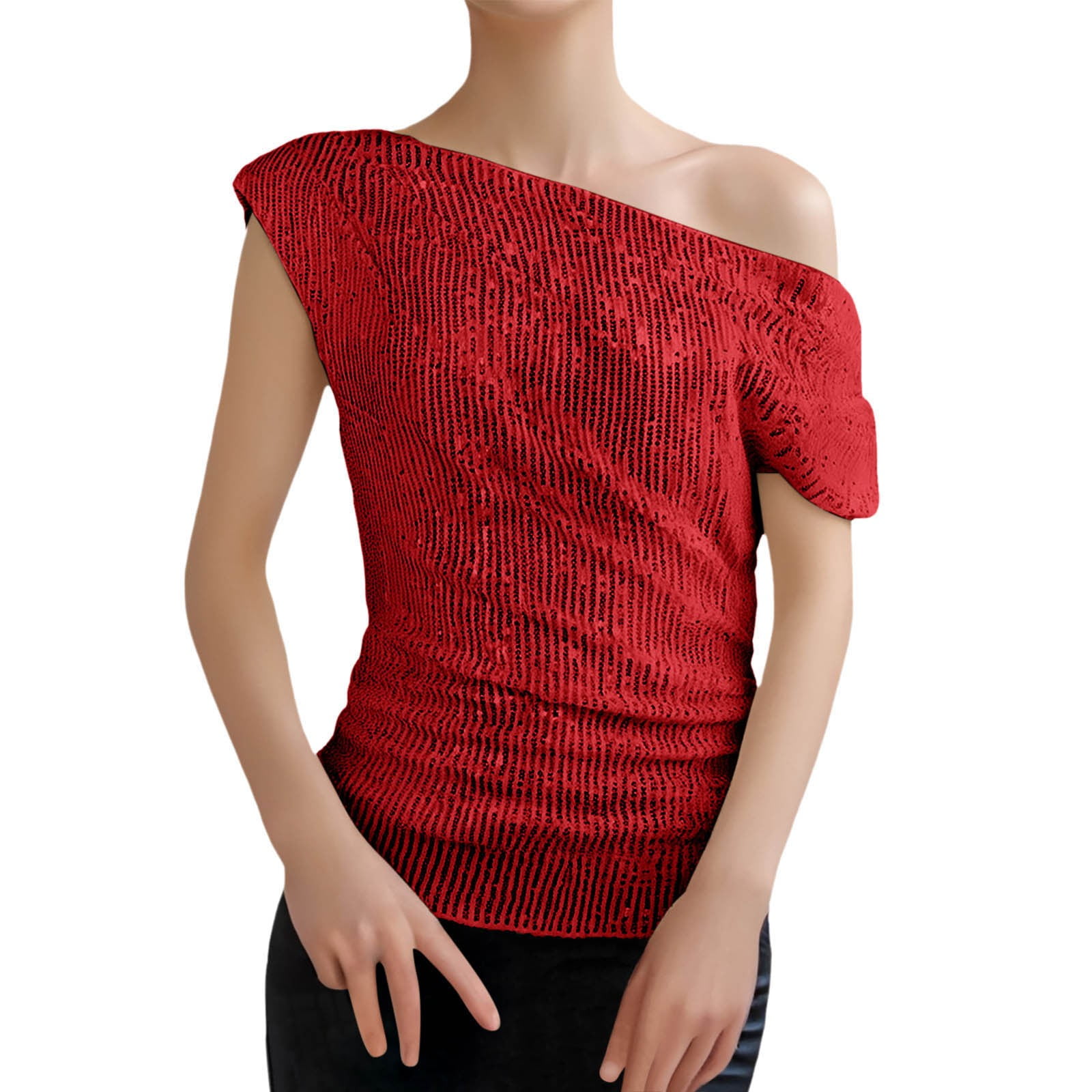 HXWCHs Women's Fashion One Shoulder Glitter Sequin Shirt top for ...