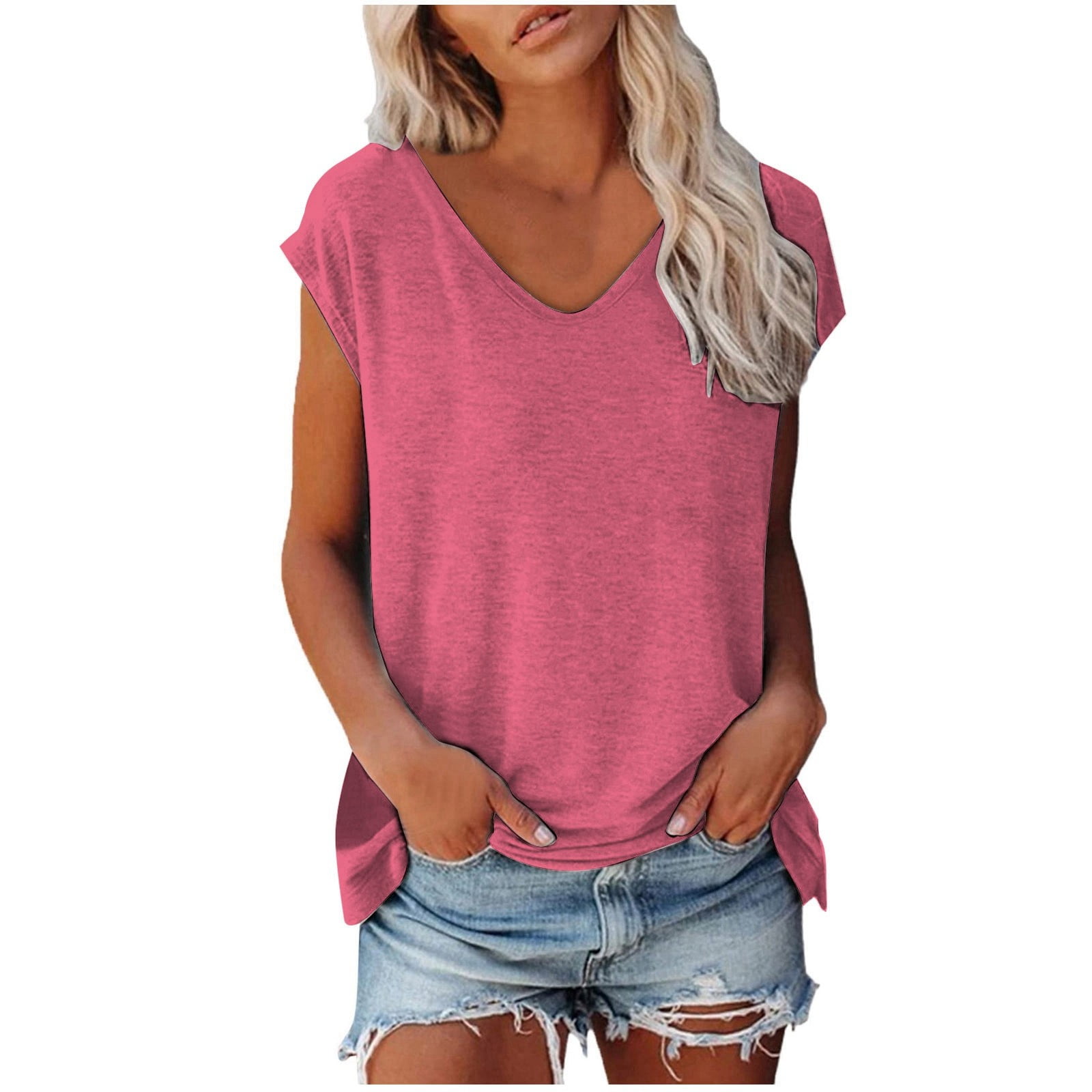 HXWCHs Women's Fashion V Neck Summer Casual Tee Short Sleeve Loose Fit ...