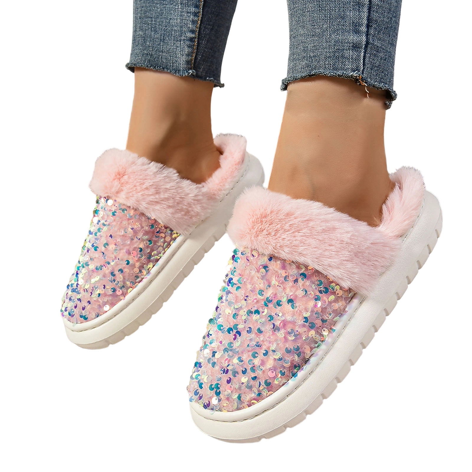 HXWCHs Women's Fashionable Carnival Sequined Lined Casual Slippers with ...