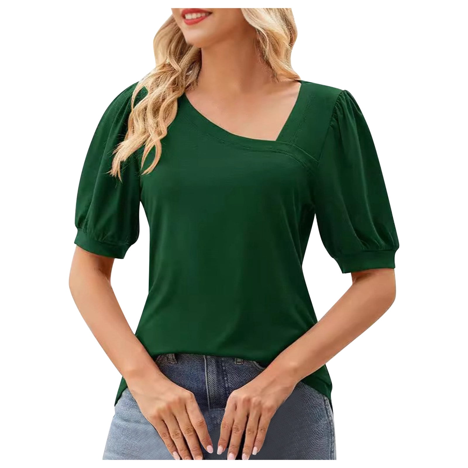 HXWCHs Women's Slim Fit V-Neck Casual Tee Asymmetrical Slanted Hem ...