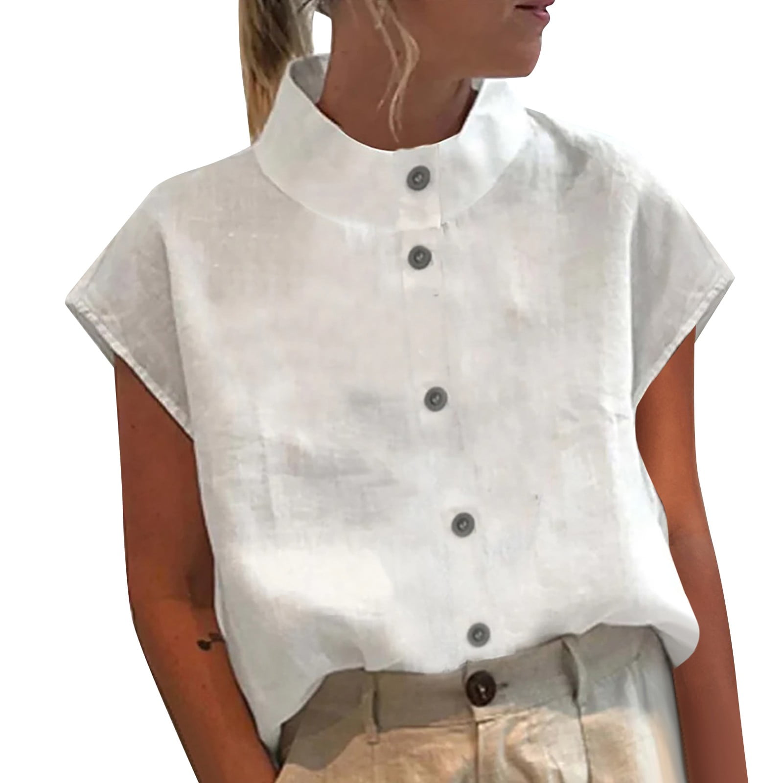 HXWCHs Women's Solid Color Summer Slim Fit Sleeveless Button Front ...