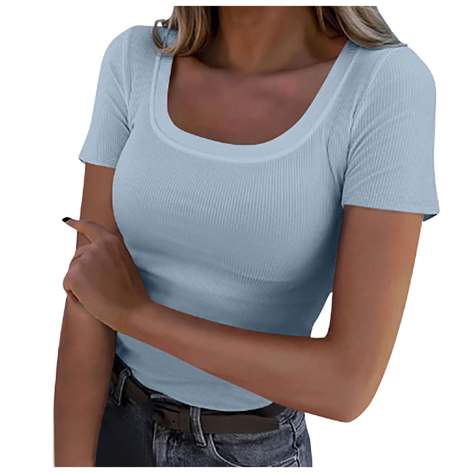 HXWCHs Women's Summer Square Neck Ribbed Tee Slim Fitted Casual Short ...