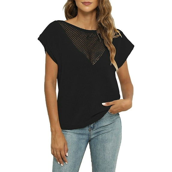 HXWCHs Women's V-Neck Hollowed Out Solid Color Short Sleeve Knitted top ...