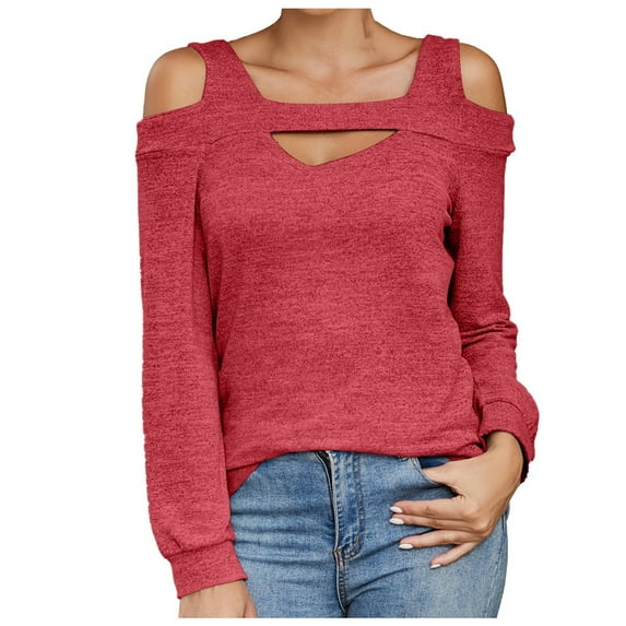 HXWCHs Women's off Shoulder Long Sleeve top Solid Color Round Neck ...