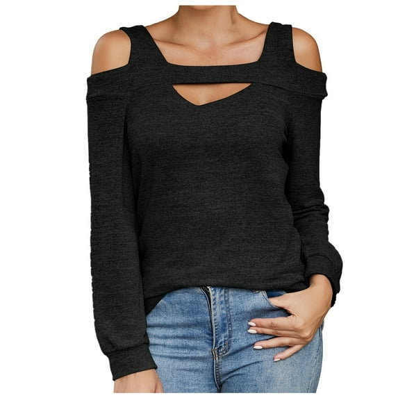 HXWCHs Women's off Shoulder Long Sleeve top Solid Color Round Neck ...